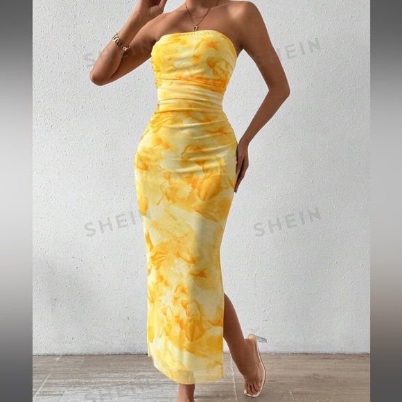 SHEIN | Dresses | Yellow Strapless Tie Dye Slit Midi Dress | Poshmark